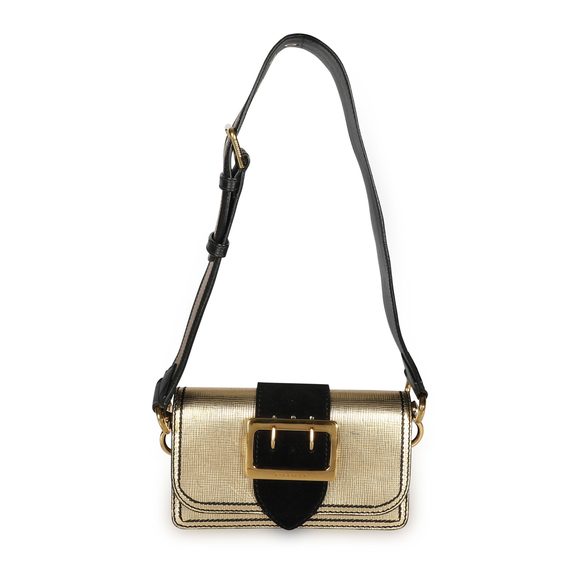 Burberry | Bags | Burberry Gold Metallic Leather Black Suede Madison ...